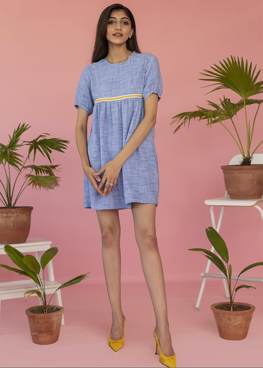 Get Panel Band & Pleated Waist Detail Blue Dress at ₹ 1899 | LBB Shop