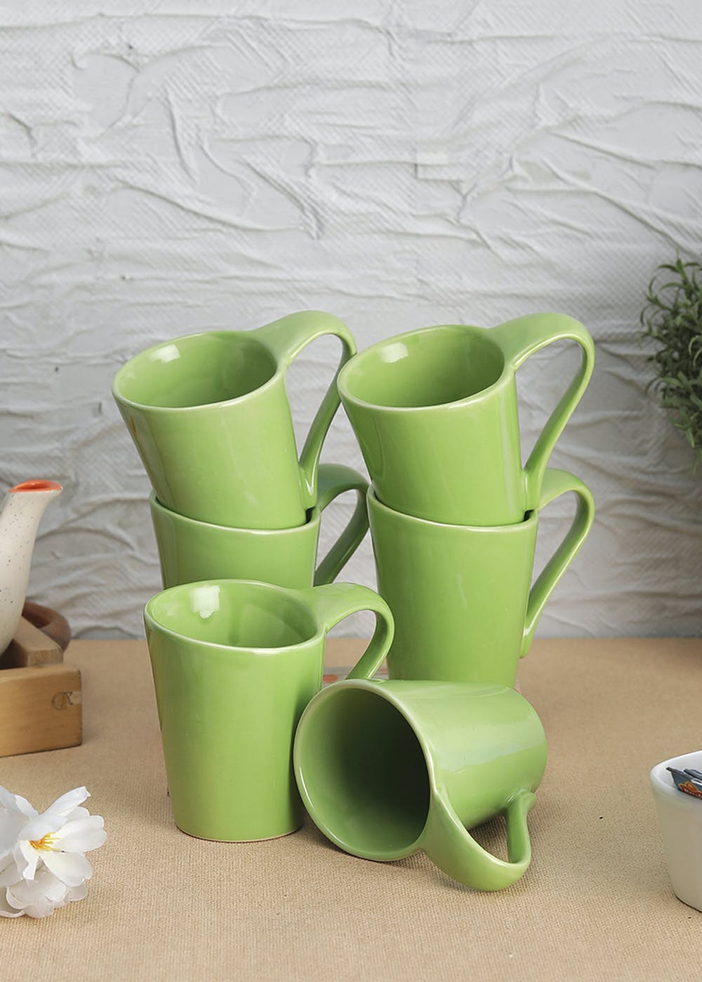Get Fresh Green Hand Painted Ceramic Cups Set of Six - Microwave Safe ...