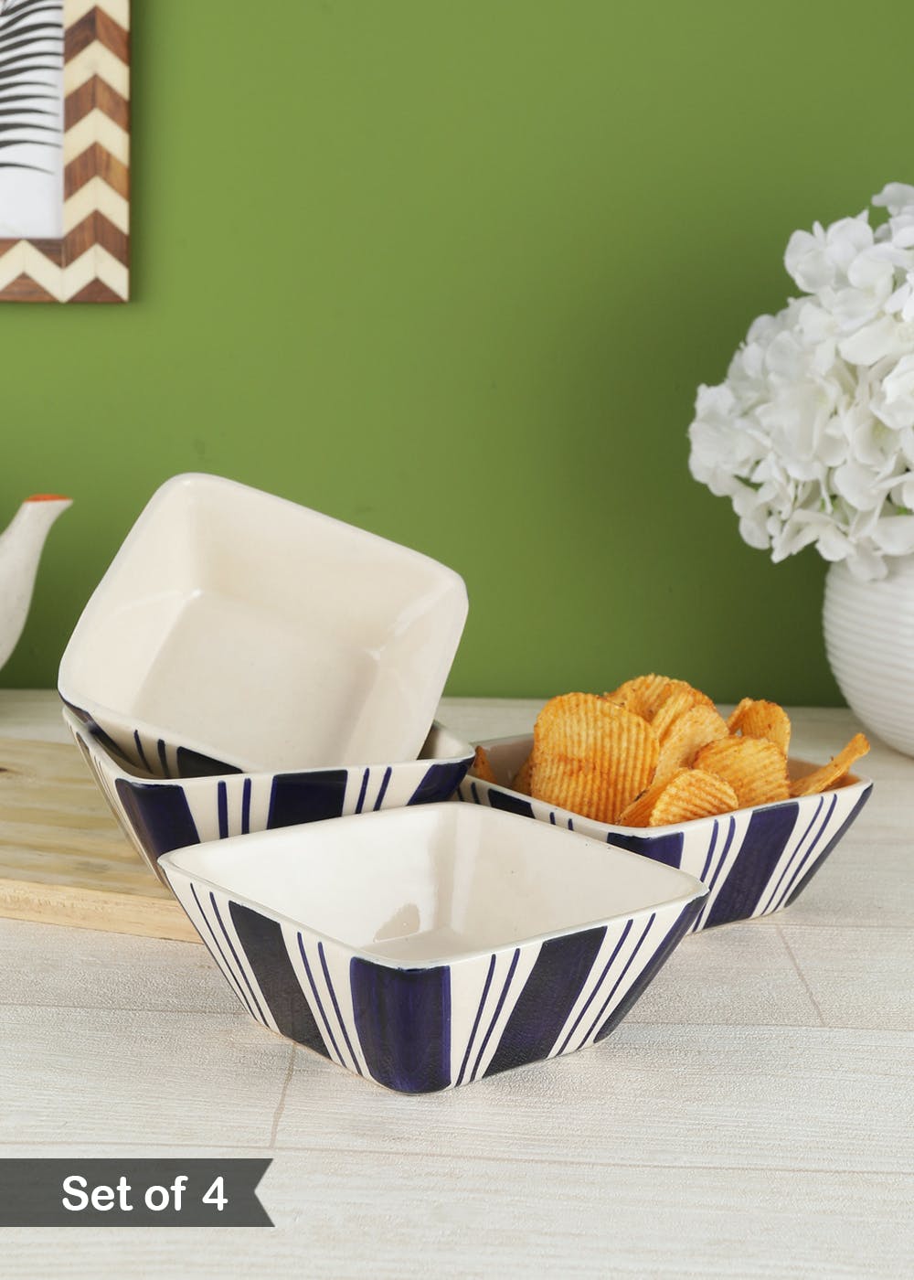 Get Indigo Blue Stripes Ceramic Square Snacks/Veg Bowls - Set of 4 at ...