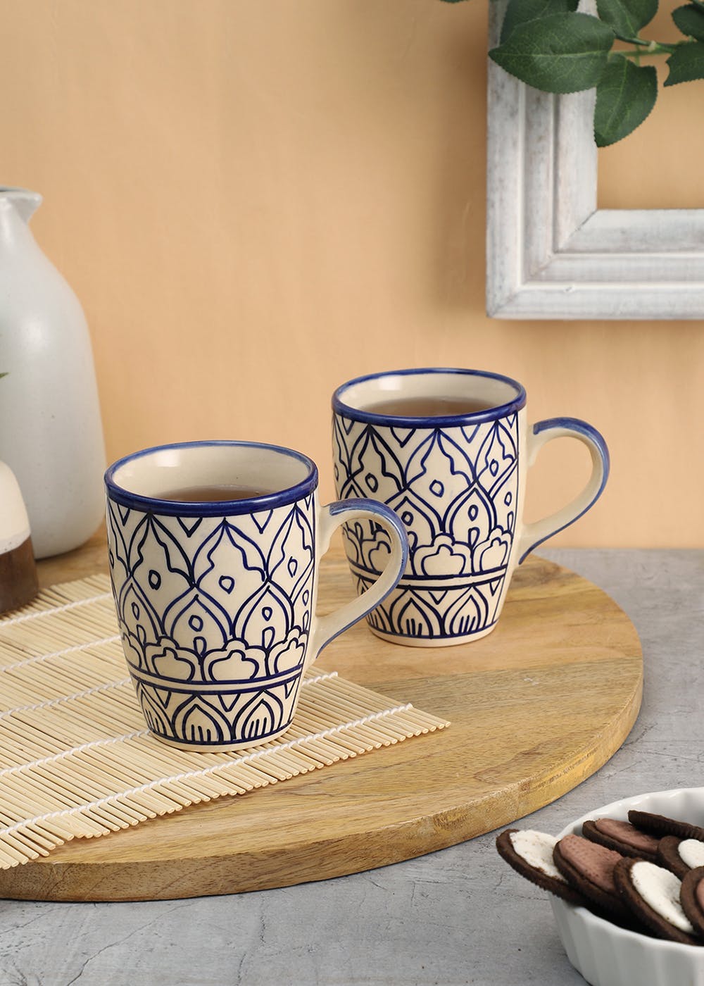 Get Mehraab Blue Off-White Ceramic Large Coffee Mugs/ Milk Mugs Set Of ...
