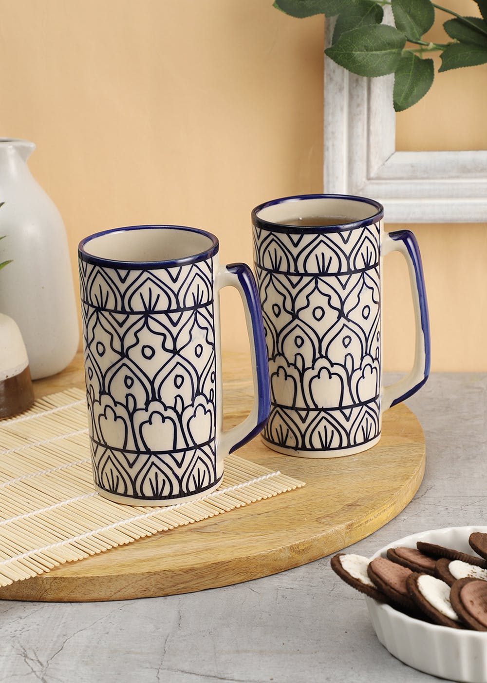 Get Mehraab Blue Off-White Ceramic Pipe Beer Mugs/ Milkshake Mugs Set ...