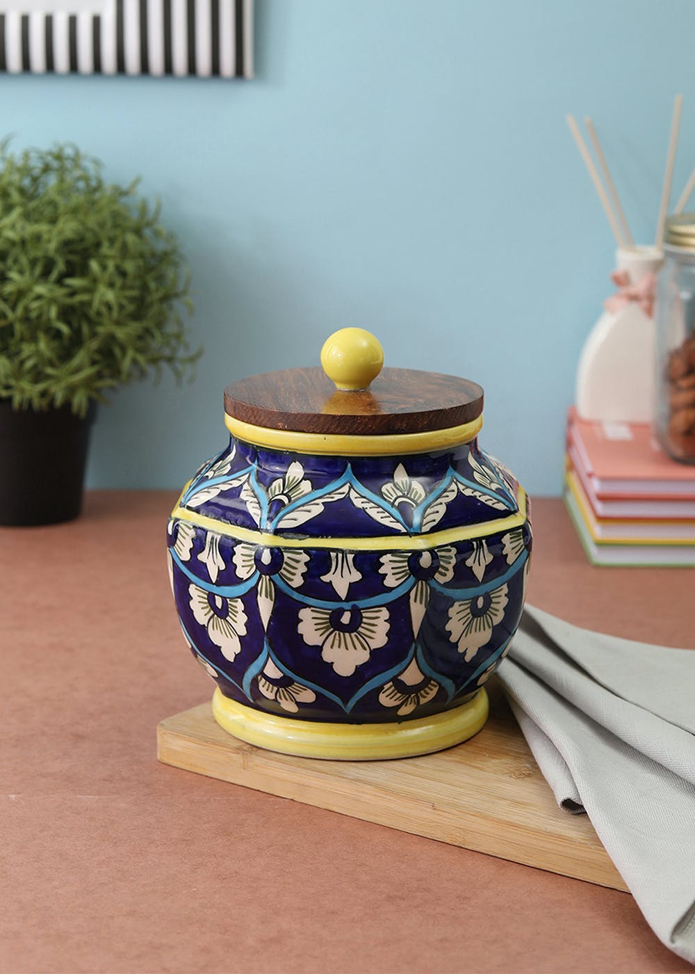 Get Hand Painted Blue Mughal Ceramic Barni/ Jar with Wooden Lid at ...