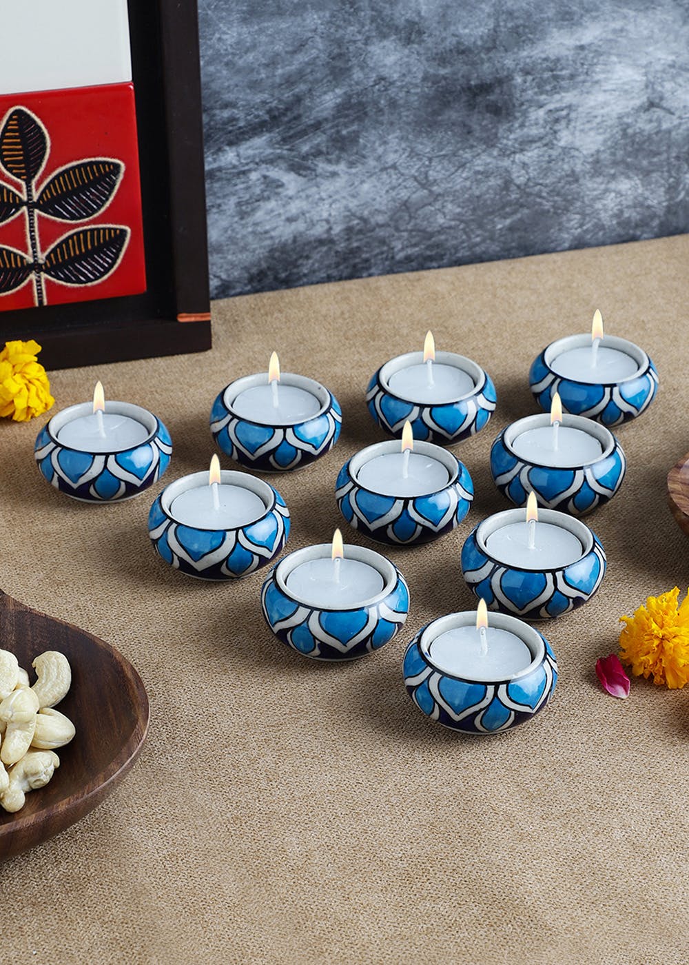 Get Hand-Made Blue Petals Blue Ceramic Tea Light Holders/ Diyas Set Of ...