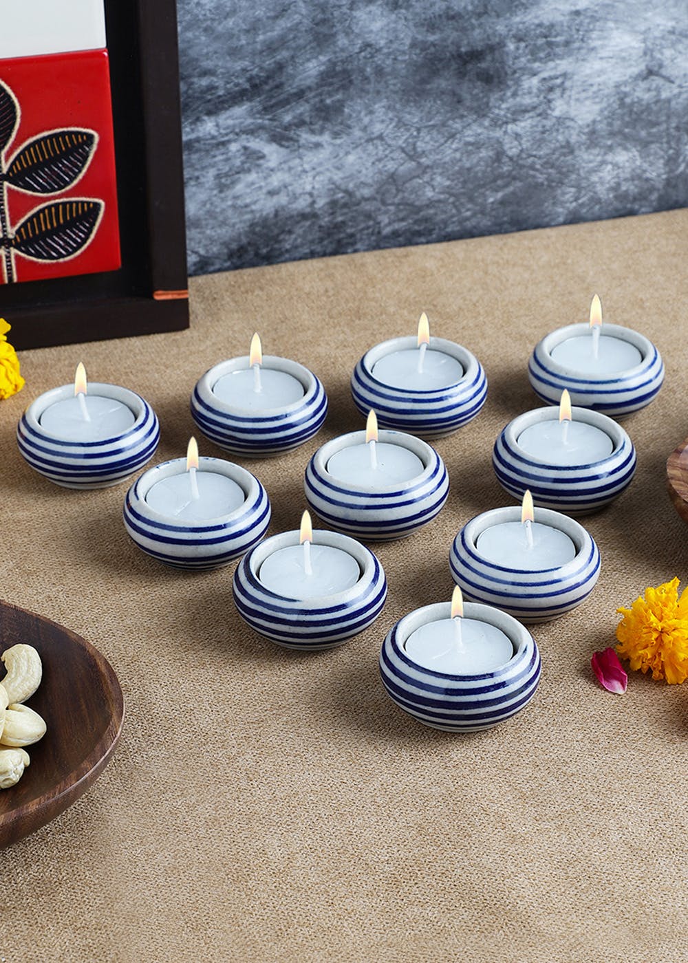 Get Hand-Made Blue Spiral Blue Ceramic Tea Light Holders/ Diyas Set Of ...