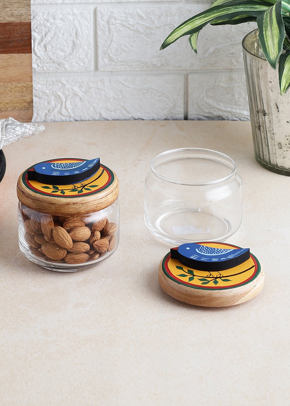 Get Neel Blue Bird Round Airtight Glass Jars With Hand Painted Wooden ...