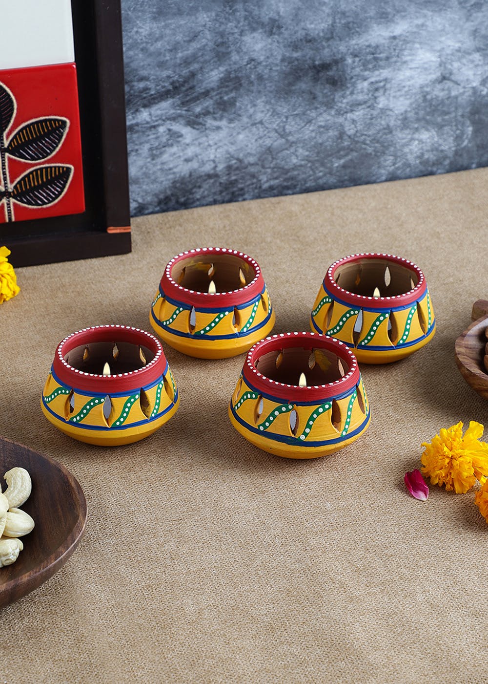 Get Earthen Sparkle Hand-Made Yellow Terracotta Tea Light Holders/Diyas ...