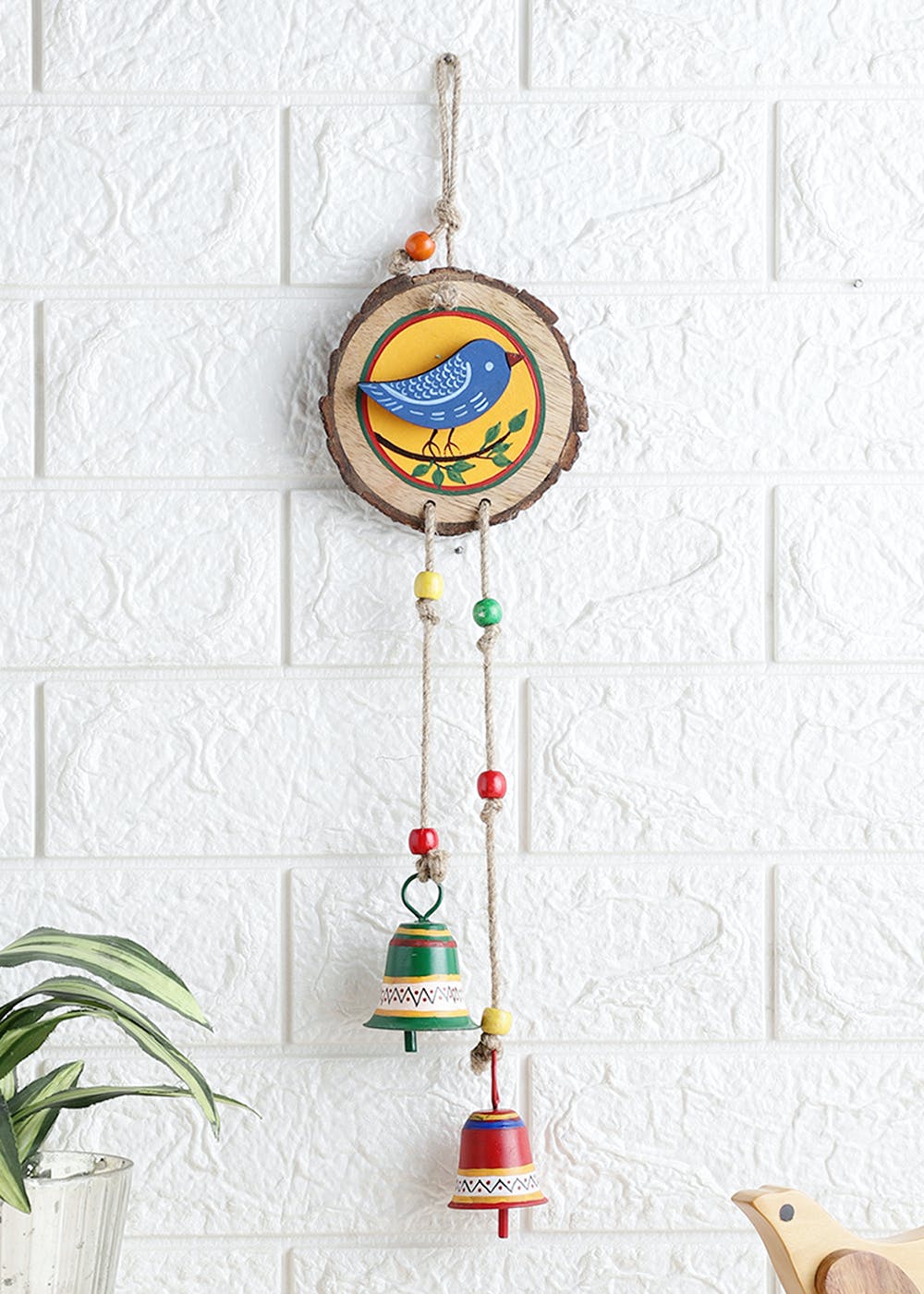 Get Hand Painted Blue Bird Wooden Wall Hanging With Bells/ Wind Chime ...