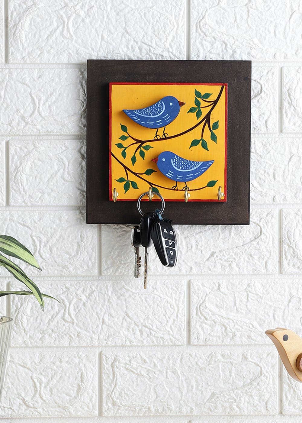 Get Hand Painted Blue Bird Yellow Wooden Square Key Holder With Four ...