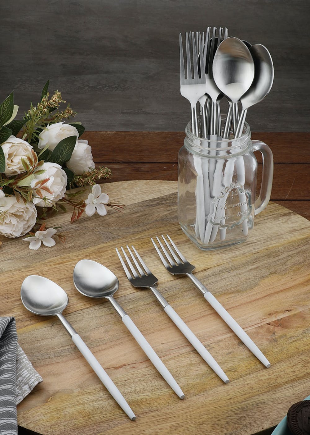 Get Radiant White Handle Matt Steel Cutlery Set Of Twelve - Spoons ...