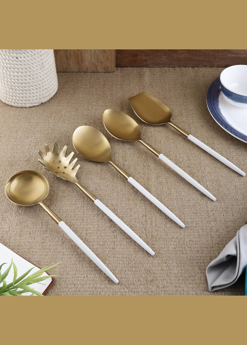 Get Radiant White Handle Gold Steel Serving Spoons Set Of Five at ...