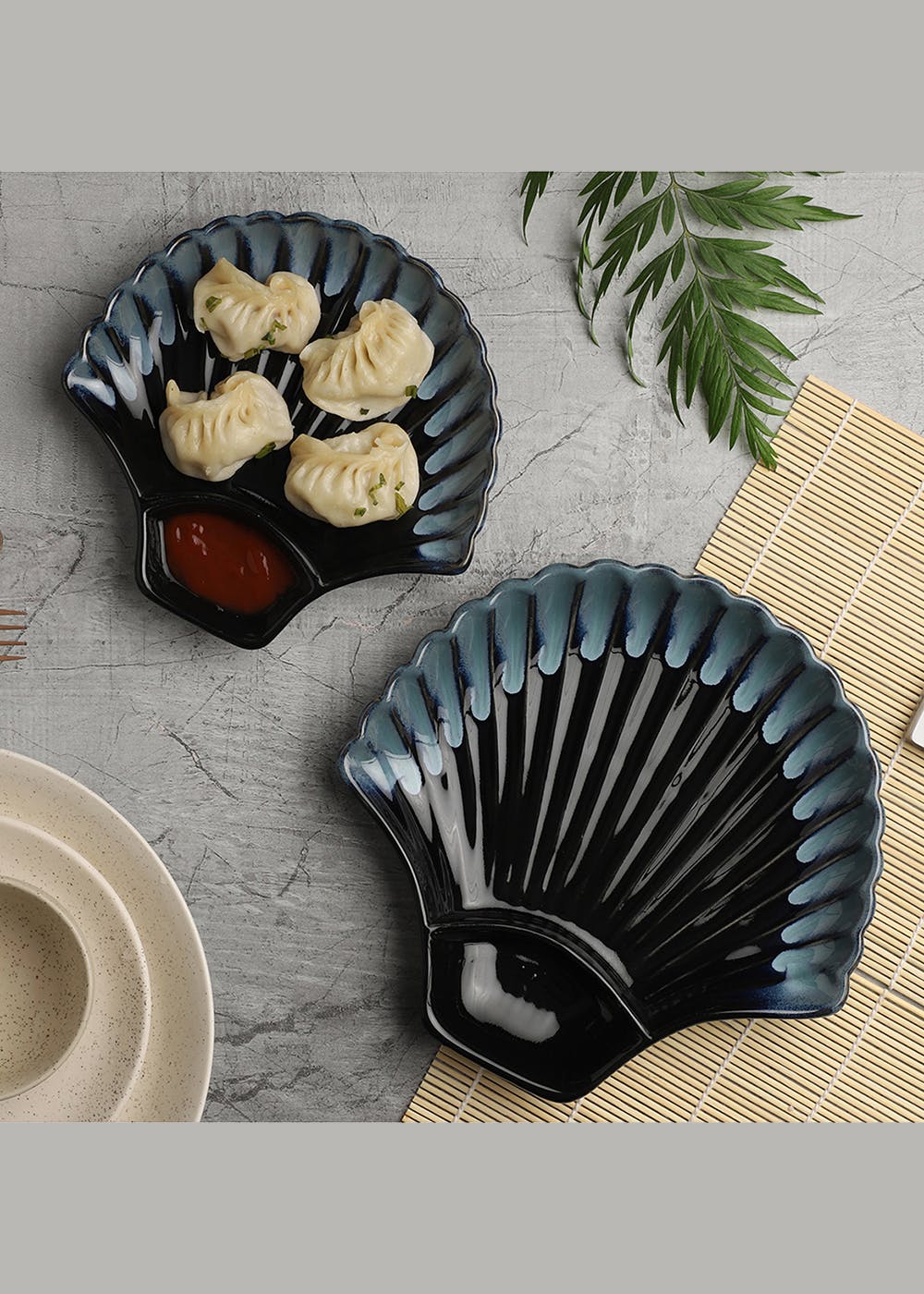 Get Leher Inky Blue Ceramic Sea Shell Chip N Dip Serving Platters Set ...