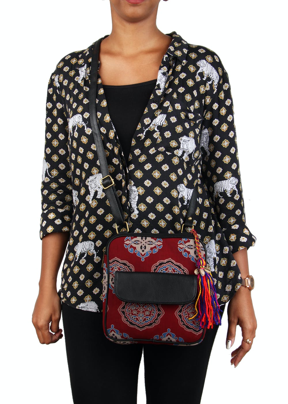 Get Front Pocket Detail Ethnic Motif Printed Red Cross-Body at ₹ 499 ...
