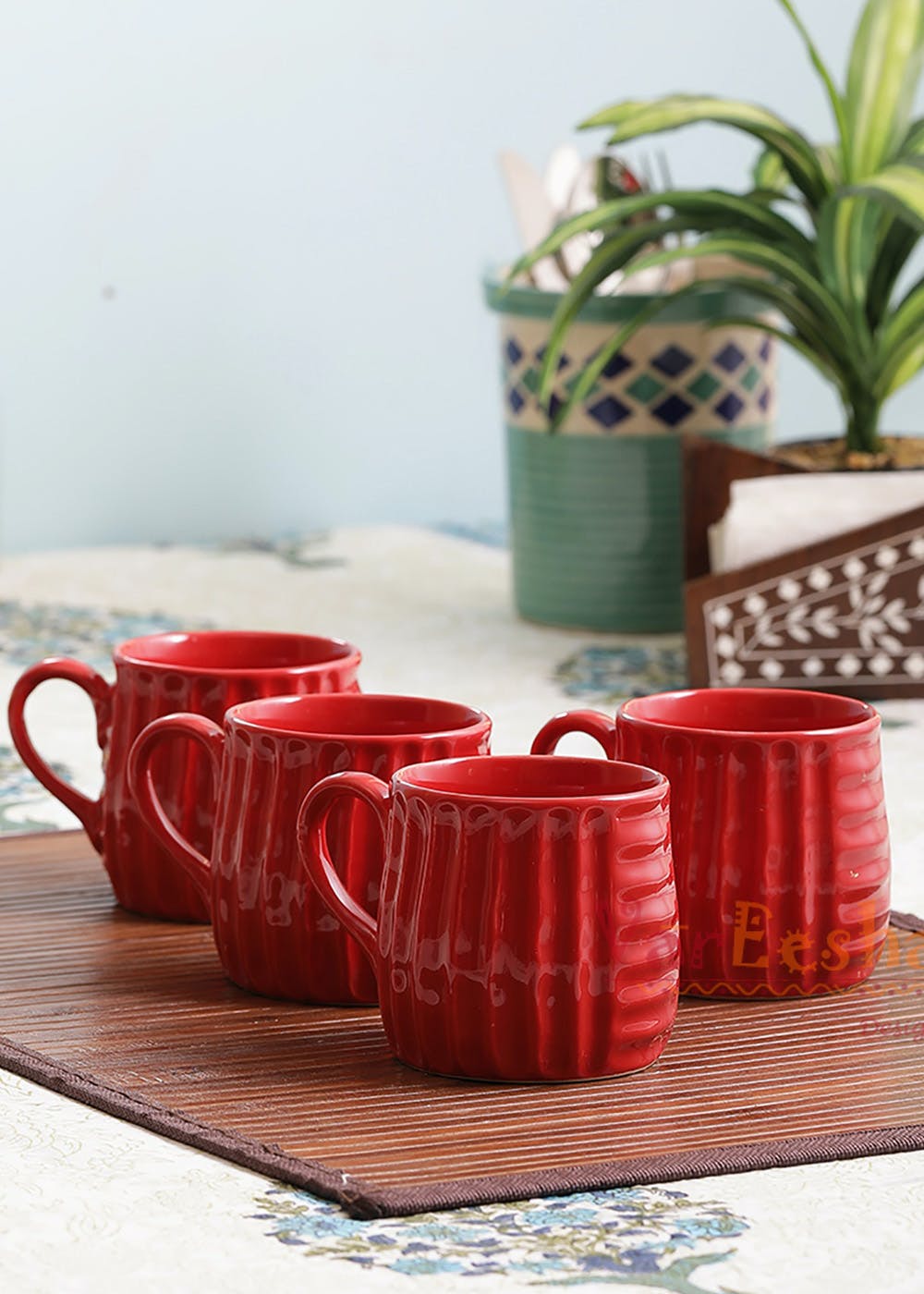 Get Hand Painted Red Stripes Ceramic Tea/ Coffee Mugs Set of Four at ...