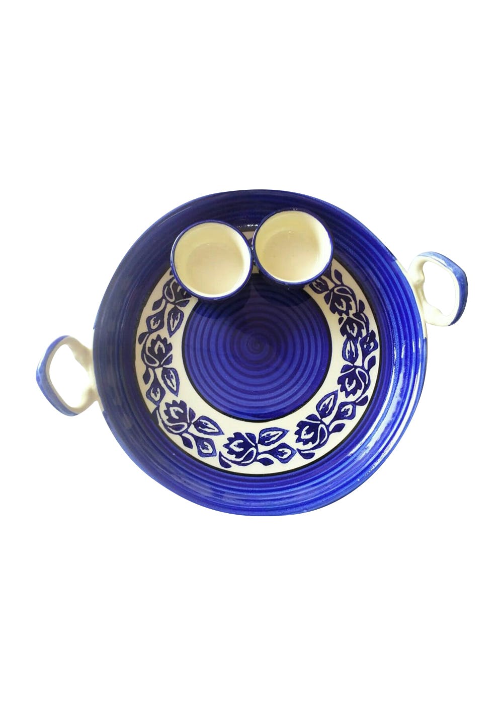Get Blue Floral Ceramic Serving Tray/Plate with Attached 2 Sauce Bowl ...