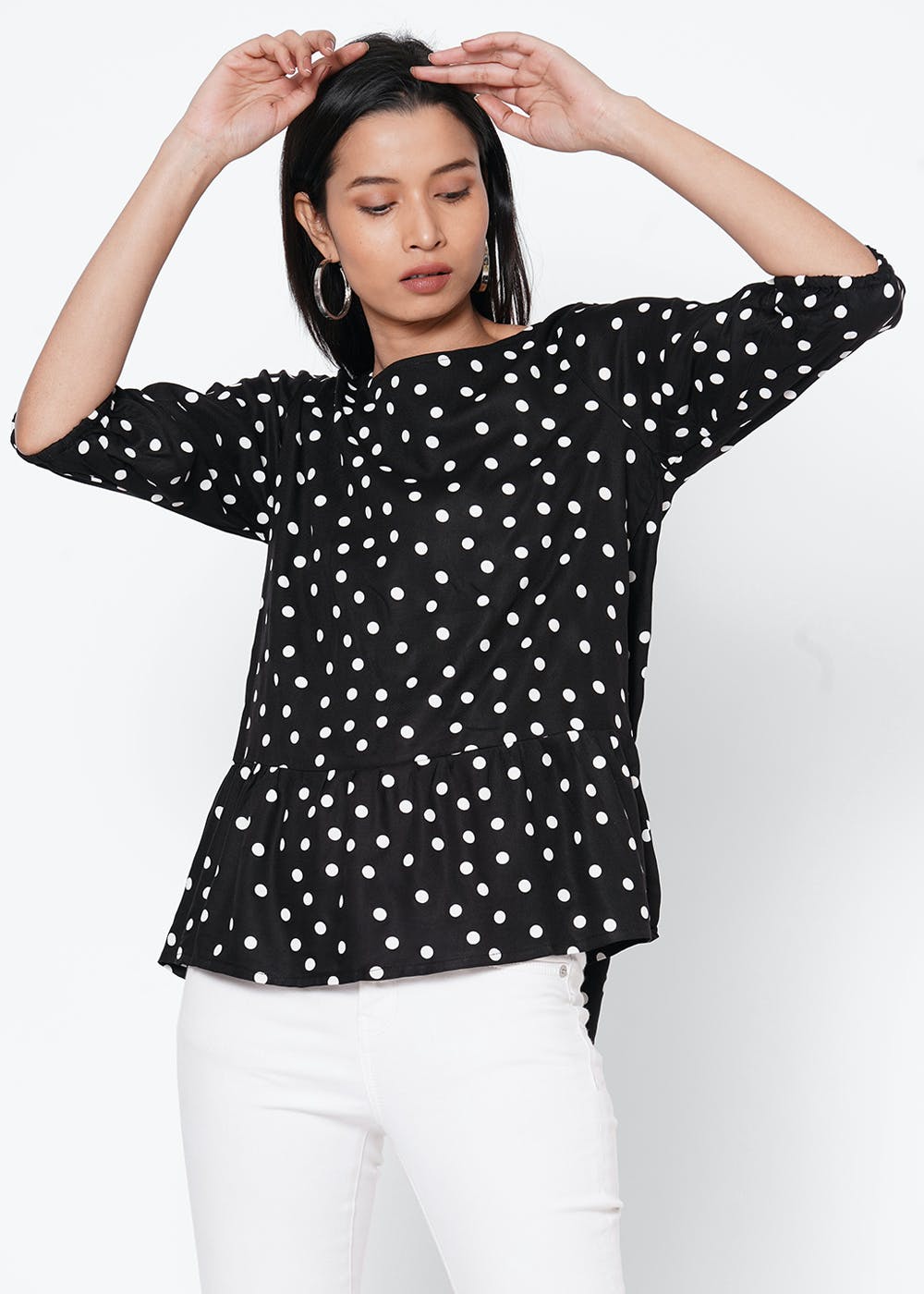 Get Contrast Polka Dots Black Peplum Top at ₹ 1399 | LBB Shop