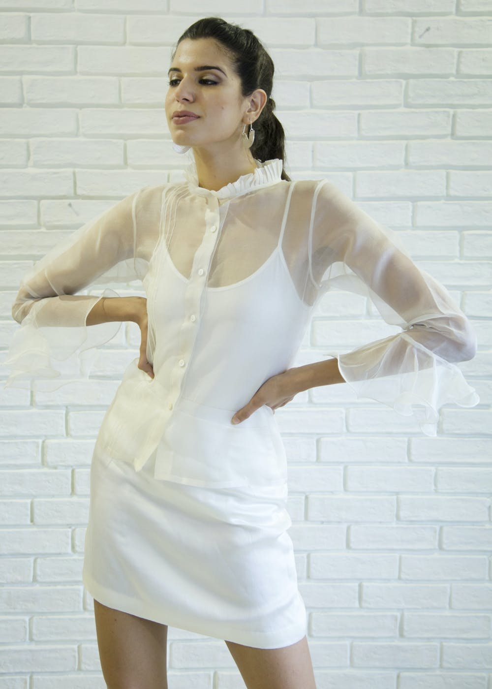 Get Ruffled Neck Detail White Sheer Top at ₹ 2200 | LBB Shop