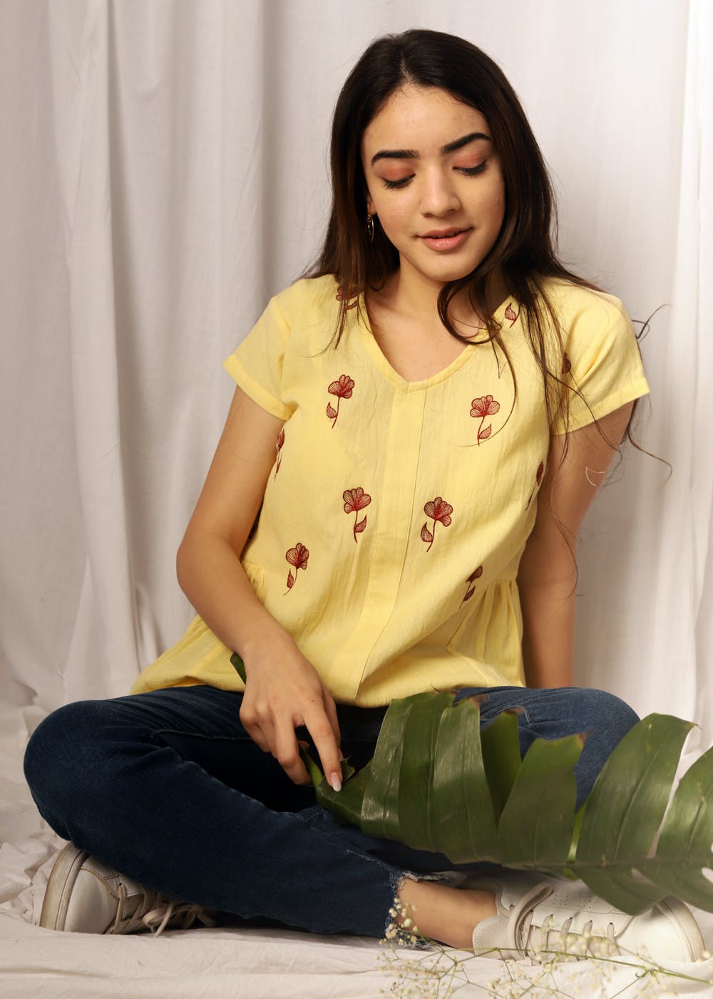 Get Contrast Floral Embroidered Yellow Side Pleat Top at ₹ 1400 | LBB Shop