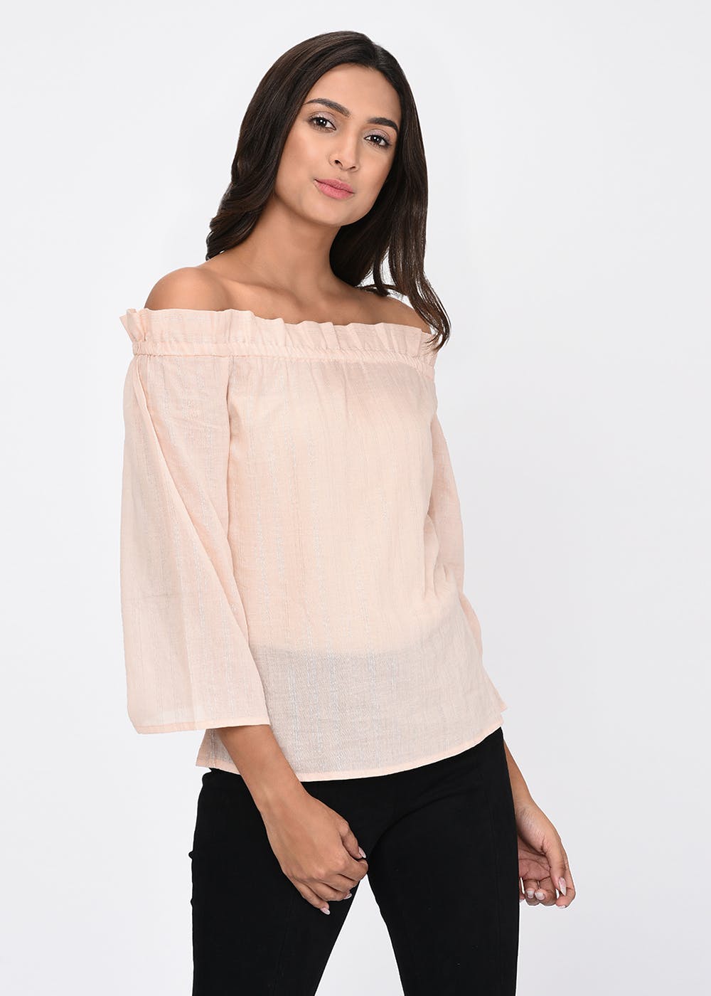 Get Ruffle Off-Shoulder Detail Peach Top at ₹ 399 | LBB Shop