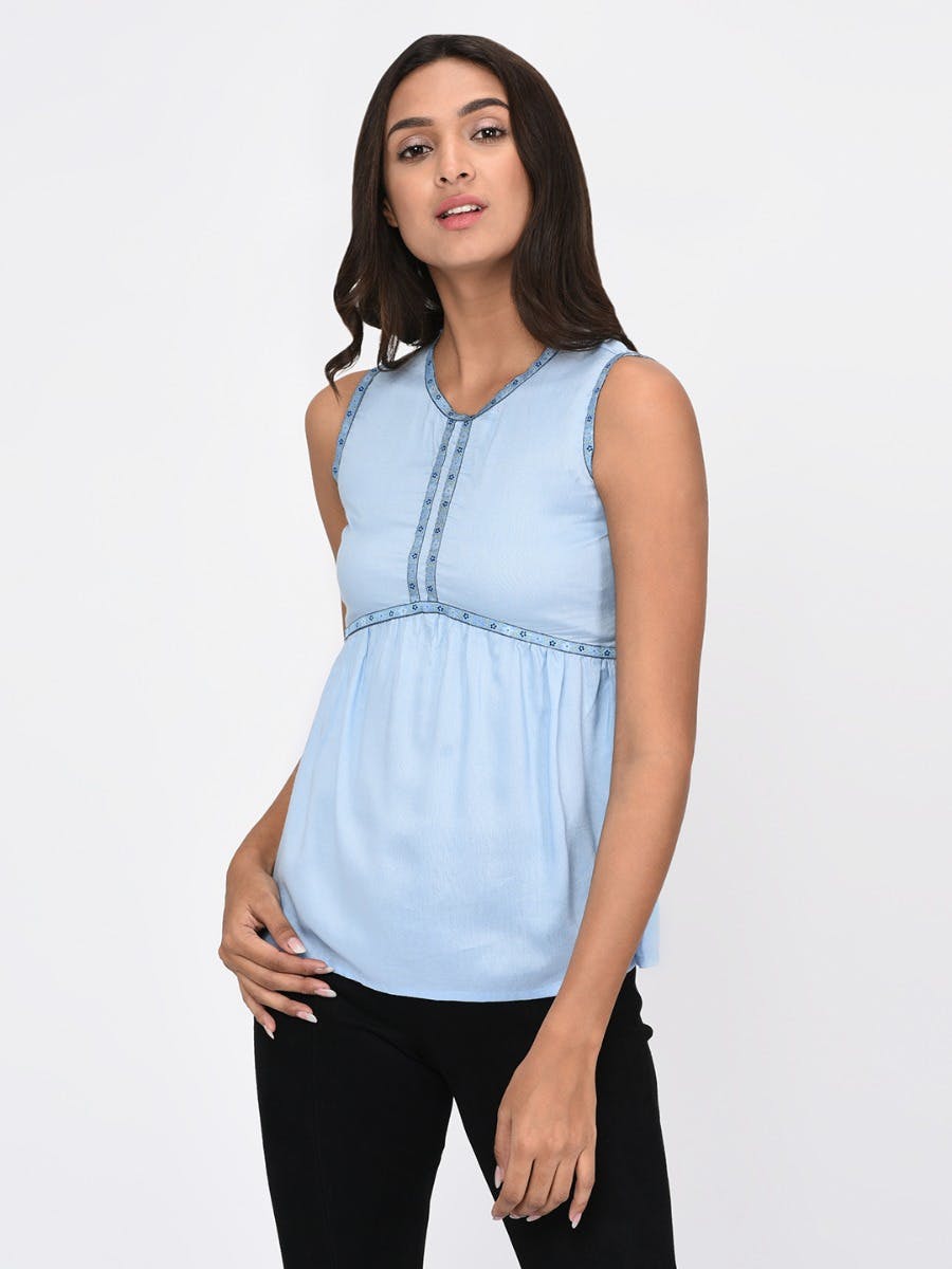 Get Pale Blue Floral Yoke Lining Top at ₹ 480 | LBB Shop