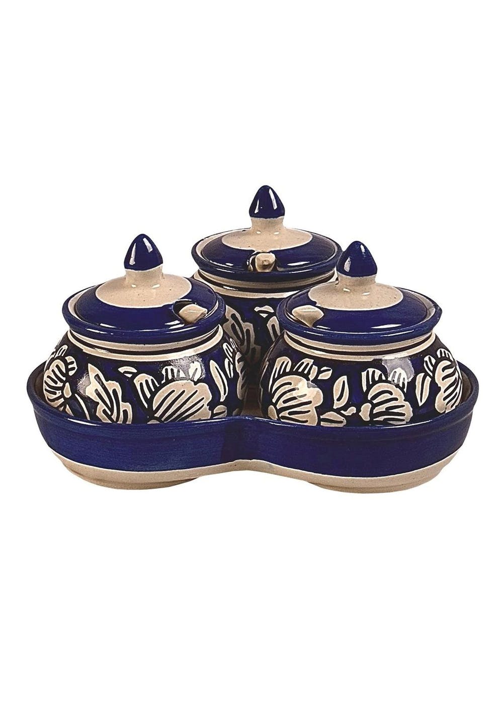Get White Floral Hand Painted Blue Pickle Jar Set with Tray at ₹ 1199 ...