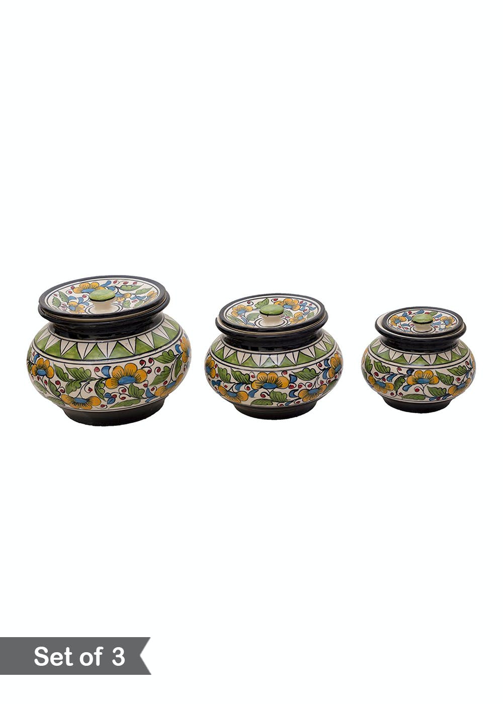 Get Multicolor Floral Handpainted Biryani Handi with Lids - Set of 3 at ...