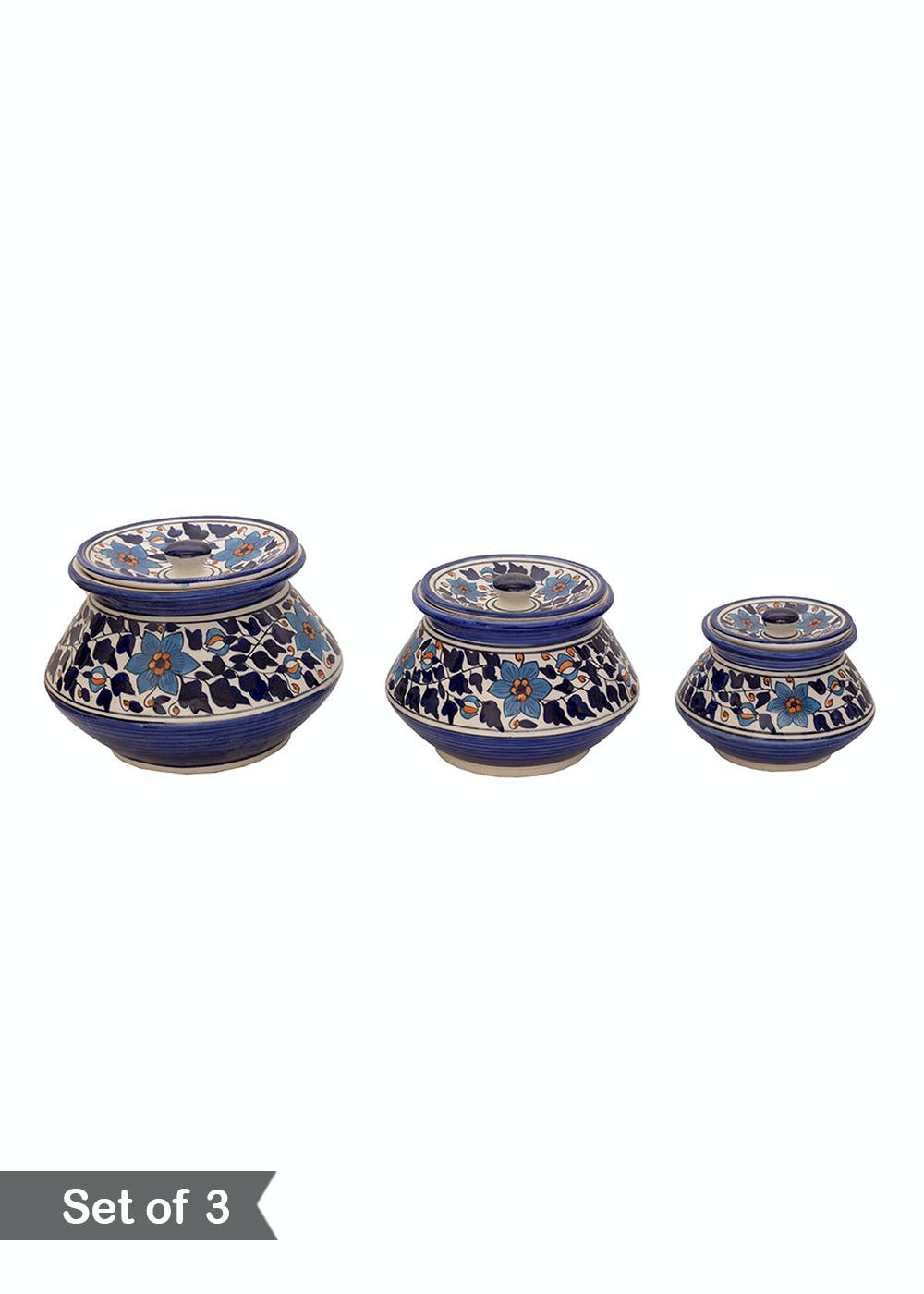 Get Blue Flower Handpainted Biryani Handi with Lids - Set of 3 at ...