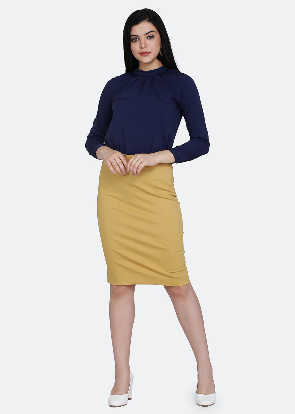 Get Mustard Yellow Cotton Stretch Pencil Skirt At ₹ 1200 Lbb Shop