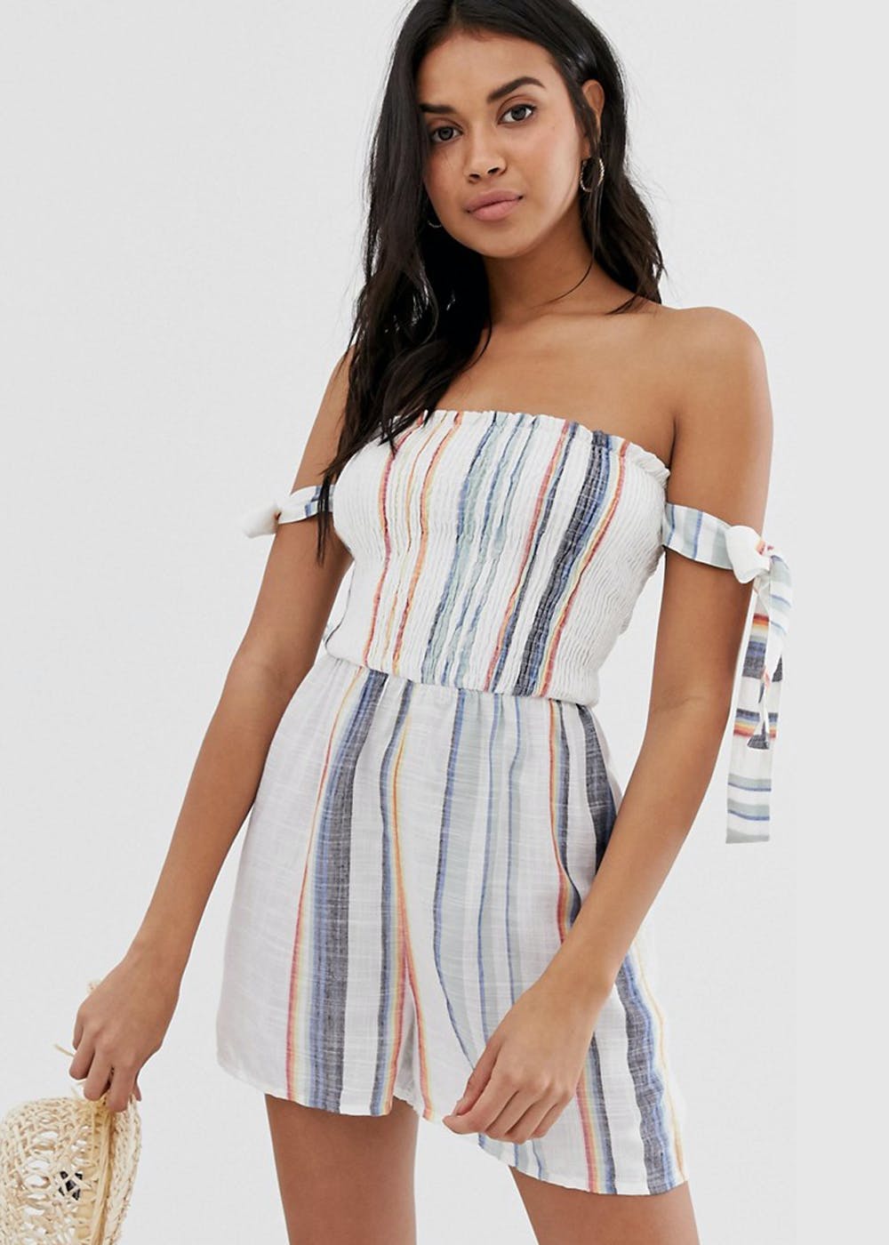 Get Off Shoulder Detail Pastel Striped Romper at ₹ 2145 | LBB Shop