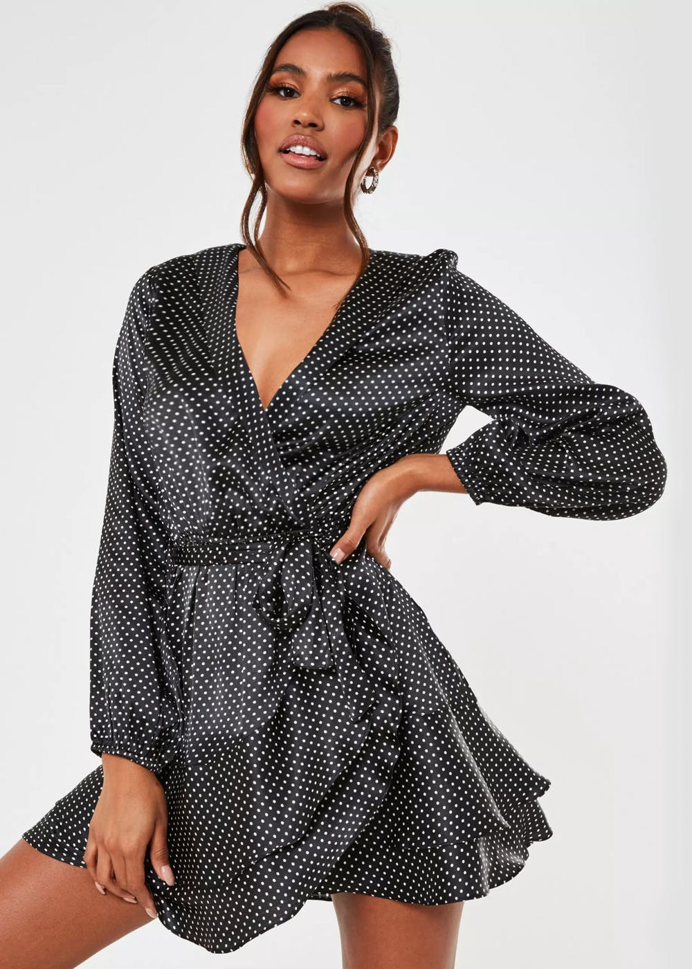 Get Frill Trim Detail Polka Dots Cuffed Sleeve Wrap Dress at ₹ 2145 | LBB Shop