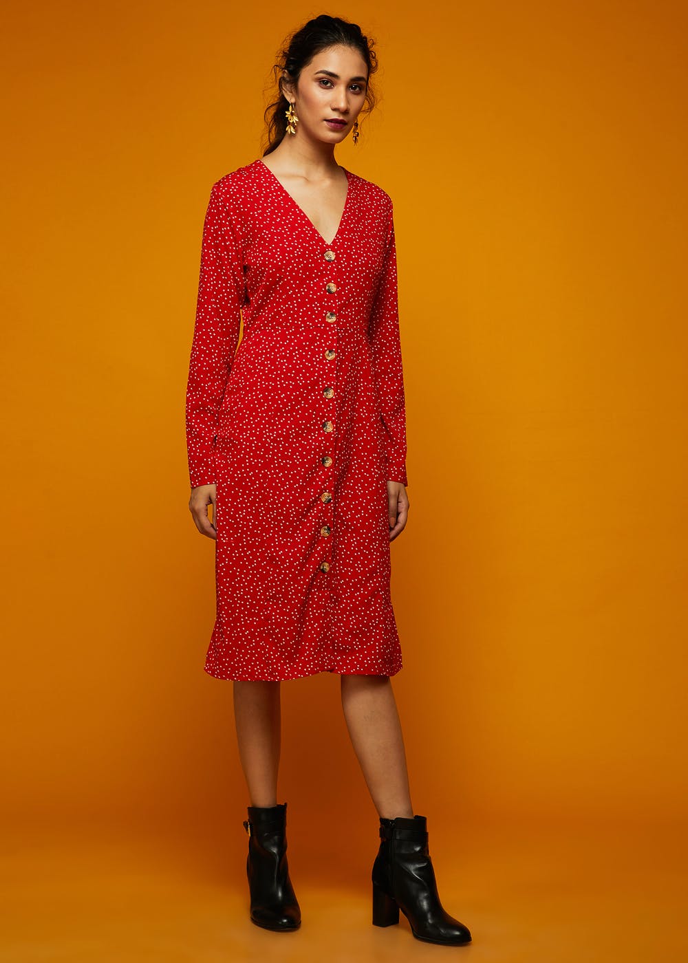 Get Cap Sleeve Detail Red Polka Dots Button Down Dress at ₹ 2275 | LBB Shop