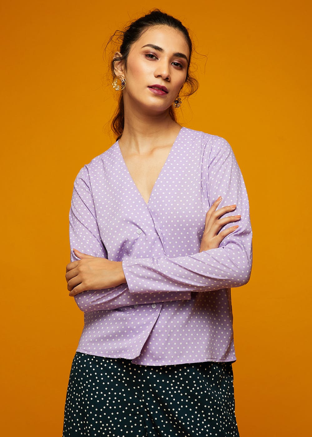 Get Polka Dots Detail Purple Double Breasted Shirt at ₹ 1245 | LBB Shop