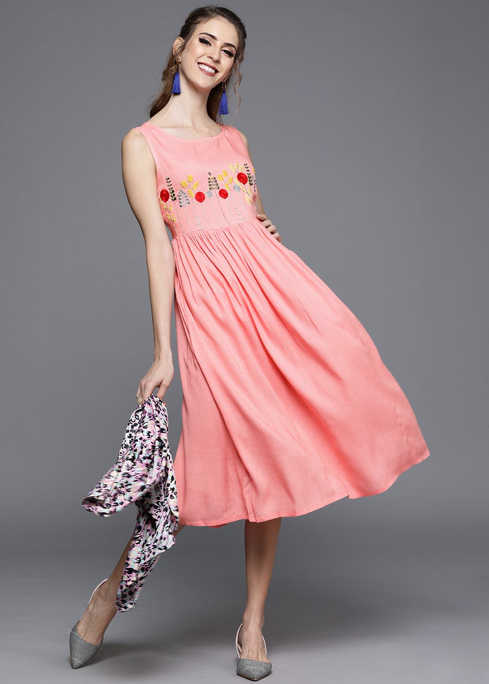 Get Multi Floral Embroidered Pink Fit & Flare Dress at ₹ 999 | LBB Shop