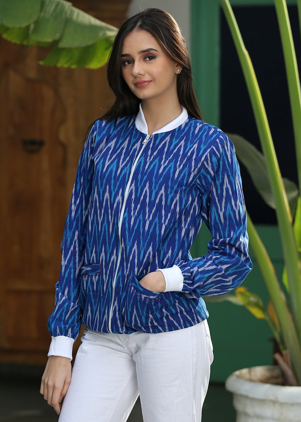 Get Blue Ikat Bomber Jacket at ₹ 2200 | LBB Shop